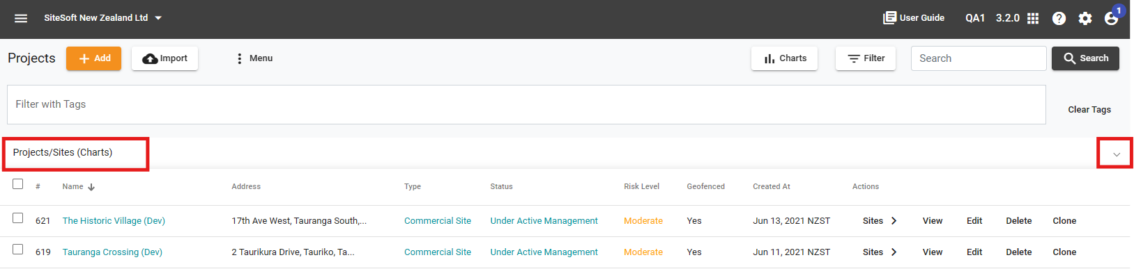 How to access and manage Project/Sites Charts & Graphs (May 2024 Release)